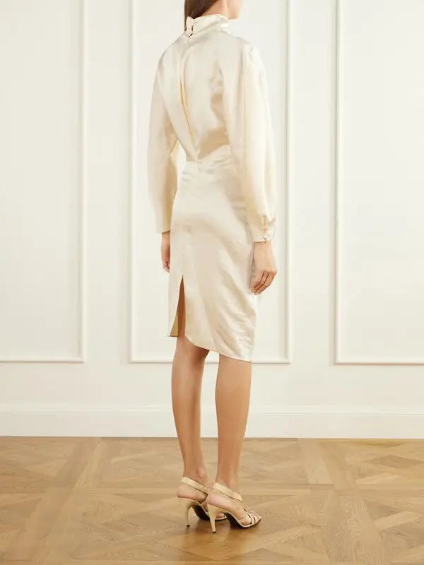 Khaite Harlin Draped Satin Turtleneck Midi Dress - Neutrals