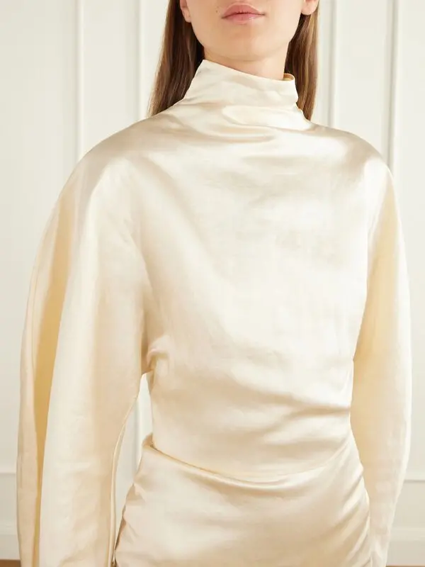 Khaite Harlin Draped Satin Turtleneck Midi Dress - Neutrals