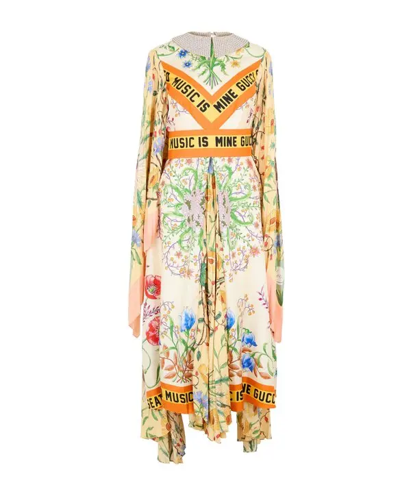 Gucci Floralslogan Print Asymmetric Midi Dress - No