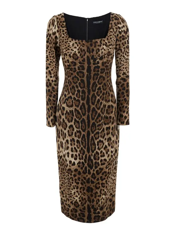 Dolce & Gabbana Brown Midi Dress With Square Neckline And All-over Leopard Motif In Stretch Viscose For - Multicolor