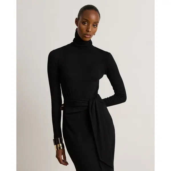 Ralph Lauren Tie-front Cotton-blend Turtleneck Dress - Black