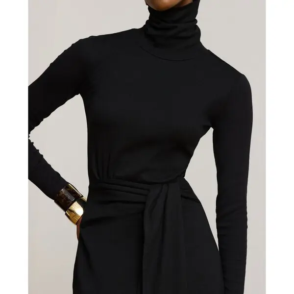 Ralph Lauren Tie-front Cotton-blend Turtleneck Dress - Black