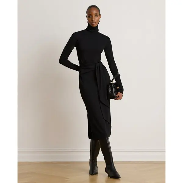 Ralph Lauren Tie-front Cotton-blend Turtleneck Dress - Black