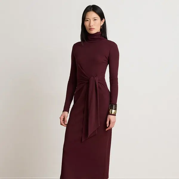 Ralph Lauren Tie-front Cotton-blend Turtleneck Dress - Dark Garnet