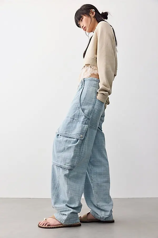 Free People We The Free Brentwood Textured Cargo Jeans - Frosted Blue