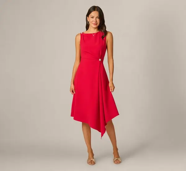 Adrianna Papell Asymmetrical Brooch Draped Midi Dress - Red