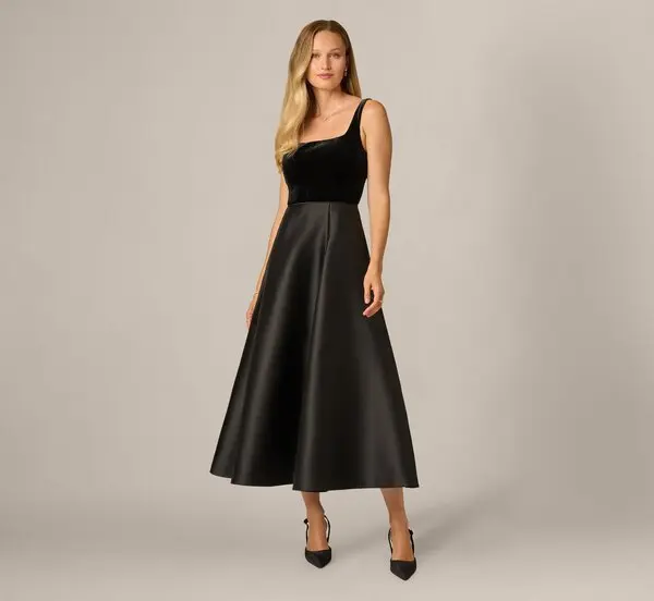 Adrianna Papell Square Neck Velvet Mikado Ankle Length Combo Dress - Black