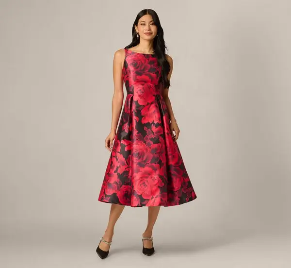 Adrianna Papell Ikat Rose Print Mikado Fit And Flare Midi Dress In Red Black Multi - Red/black Multi