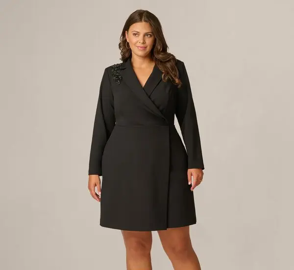 Adrianna Papell Long Sleeve Beaded Short Blazer Wrap Dress - Black