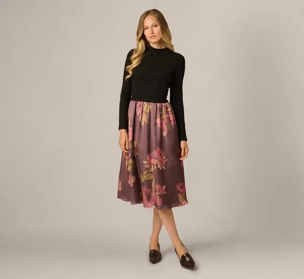 Adrianna Papell Long Sleeve Floral Satin Amelia Midi Dress - Mocha Multi