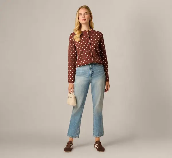 Adrianna Papell Long Sleeve Crew Neck Cardigan Sweater In Hazelnut Cream - Hazelnut/cream