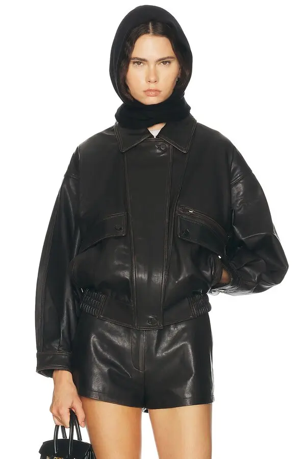AEXAE Leather Distressed Moto Jacket In Chocolate