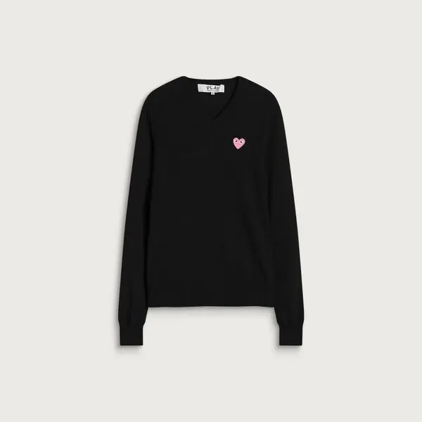 Play Comme Des Garcon Pink Heart V Neck Jumper - Black