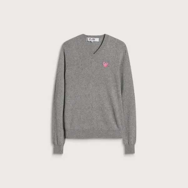 Play Comme Des Garcon Pink Heart V Neck Jumper - Grey