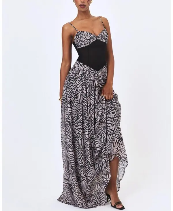 MISS CIRCLE NEW YORK Onora Chiffon Dipped Waist Maxi Dress
