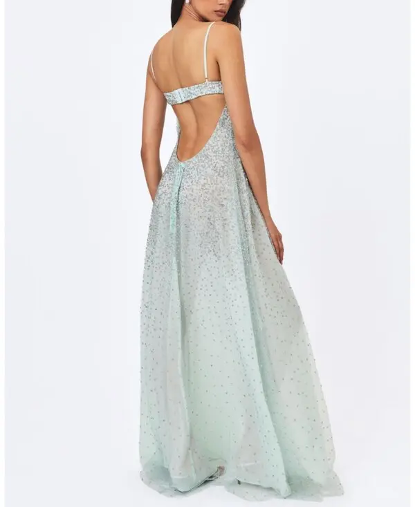 MISS CIRCLE NEW YORK Wallie Rhinestone Embellished Mesh Backless Gown - Mint