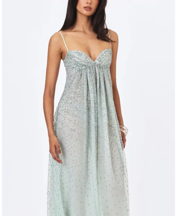 MISS CIRCLE NEW YORK Wallie Rhinestone Embellished Mesh Backless Gown - Mint