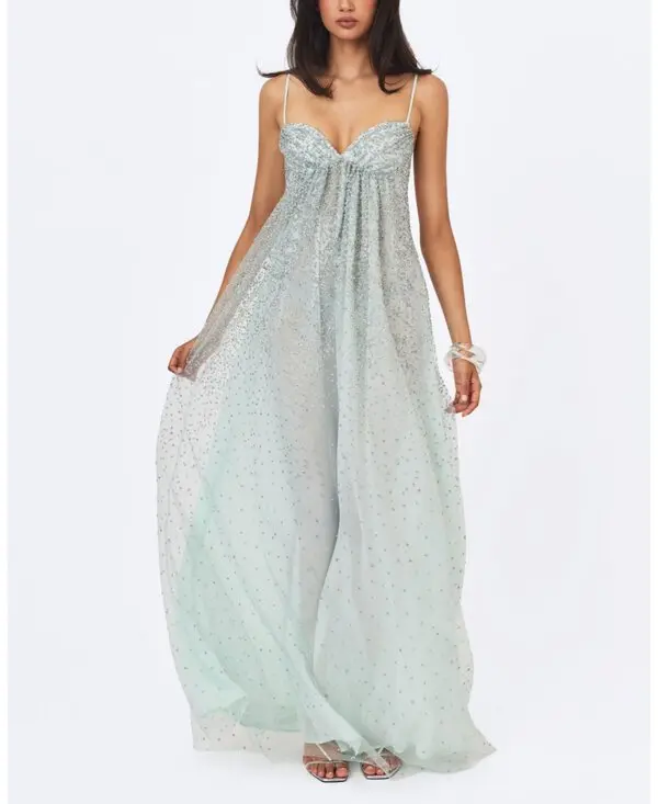 MISS CIRCLE NEW YORK Wallie Rhinestone Embellished Mesh Backless Gown - Mint