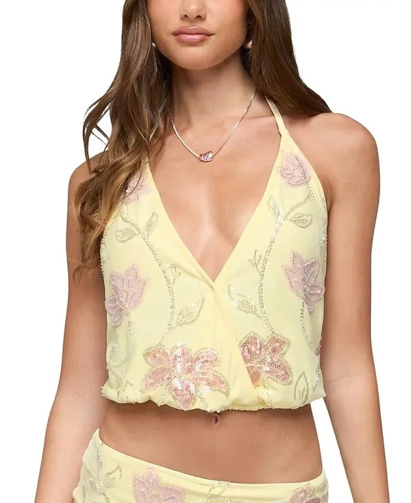 EDIKTED Mena Beaded Floral Backless Top