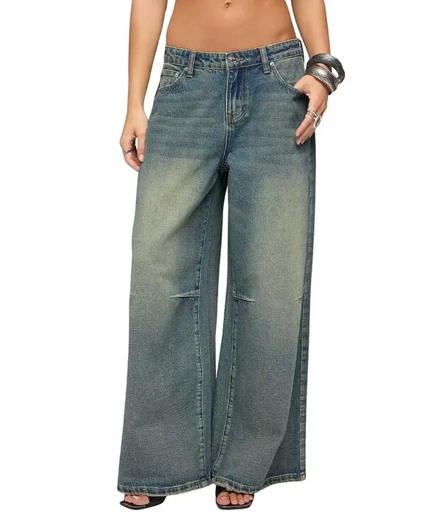 EDIKTED Adjustable Button Low Rise Baggy Jeans - Dark-blue