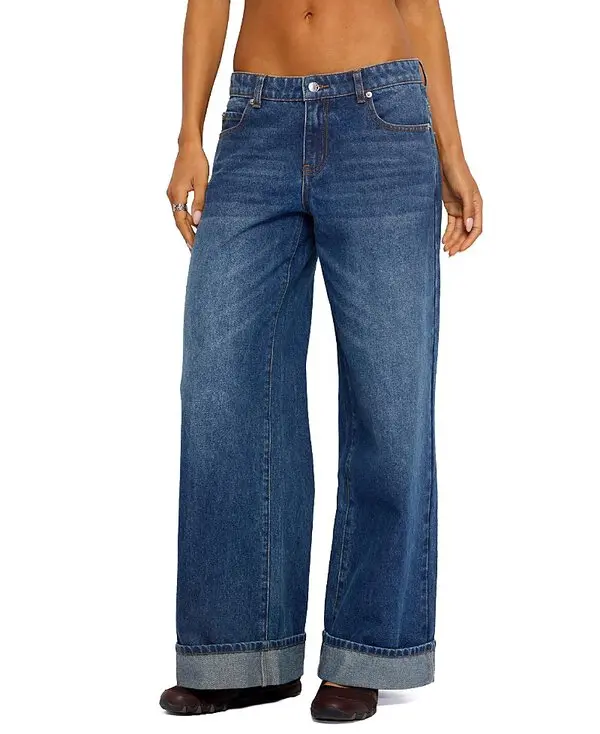 EDIKTED Gatz Cuffed Low Rise Wide Leg Jeans - Medium-blue-washed