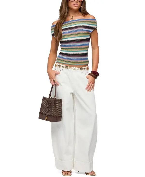 EDIKTED Irenea Striped Knit Off Shoulder Top