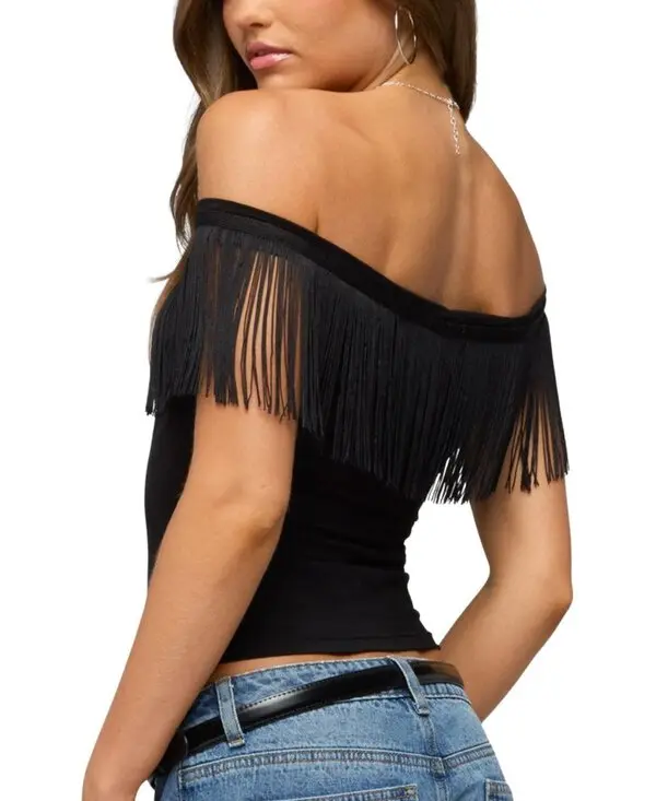 EDIKTED Catelina Fringe Off Shoulder Top