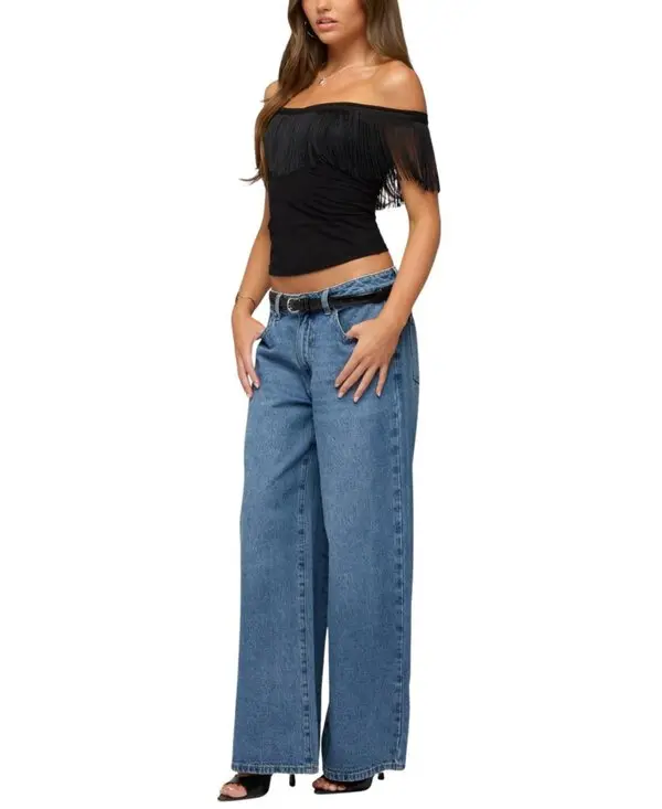 EDIKTED Catelina Fringe Off Shoulder Top
