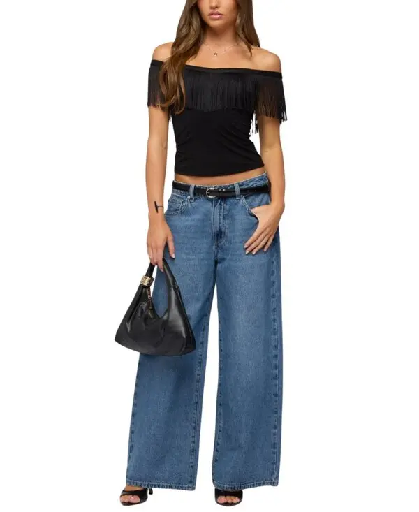 EDIKTED Catelina Fringe Off Shoulder Top