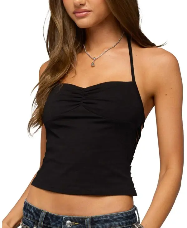EDIKTED Minsoo Shredded Back Halter Top - Black