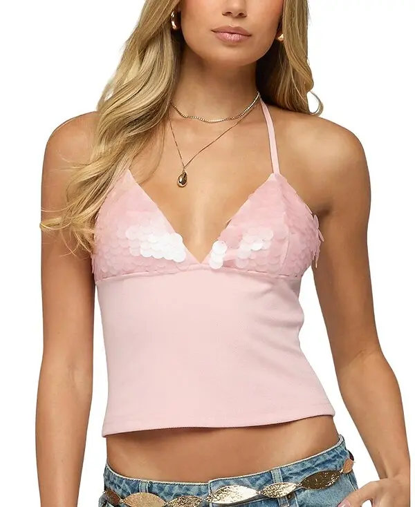 EDIKTED Katelyn Sequin Halter Top - Light-pink