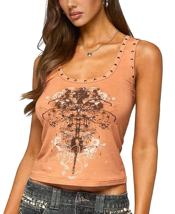 EDIKTED Demea Studded Graphic Tank Top - Orange