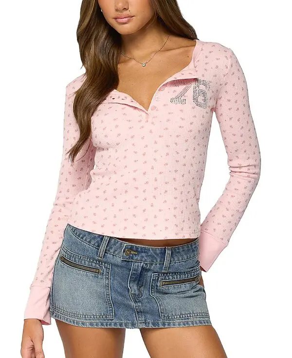 EDIKTED 76 Rhinestone Floral Henley Top