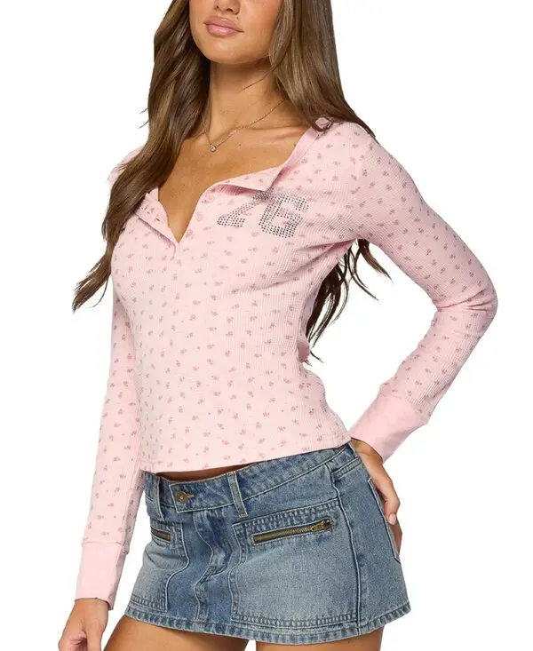 EDIKTED 76 Rhinestone Floral Henley Top