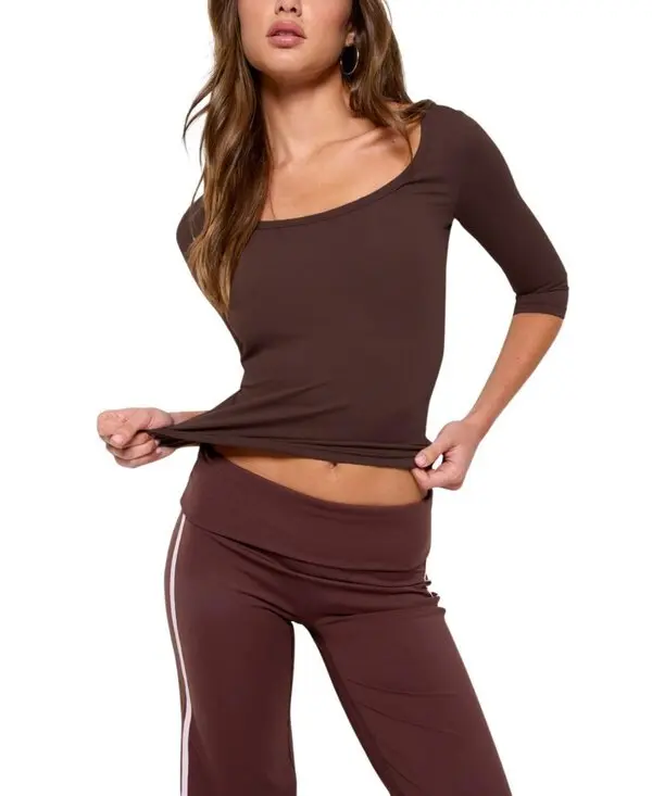 EDIKTED Desi Scoop Neck Three-quarter Sleeve Top - Brown