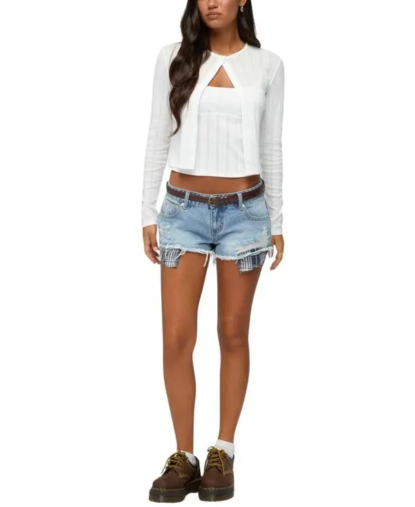 EDIKTED Catrine Plaid Pocket Denim Shorts