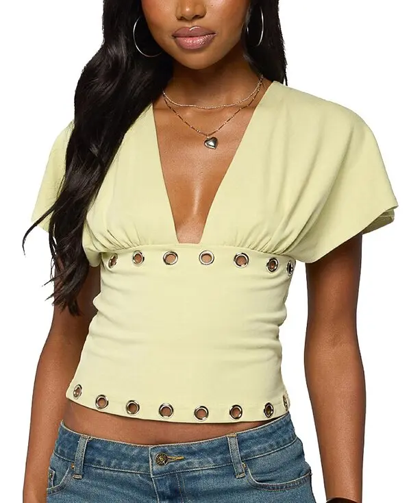 EDIKTED Isi Grommet Flutter Plunge Neck Top - Green