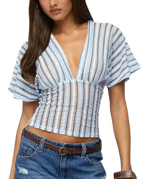 EDIKTED Alwyn Flutter Crochet Zigzag Top - Light-blue