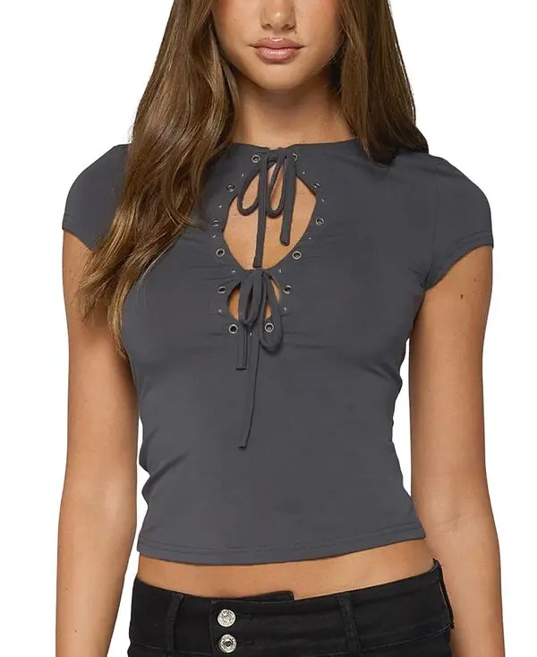 EDIKTED Aaron Stud & Grommet Cutout Top - Dark-gray