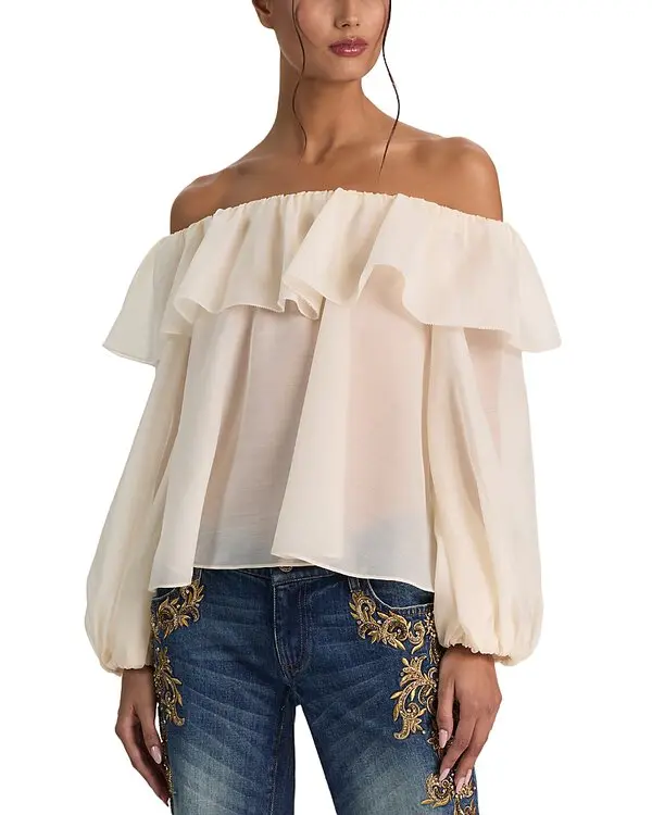 Alice + Olivia Alta Off-the-shoulder Ruffled Top - Chino