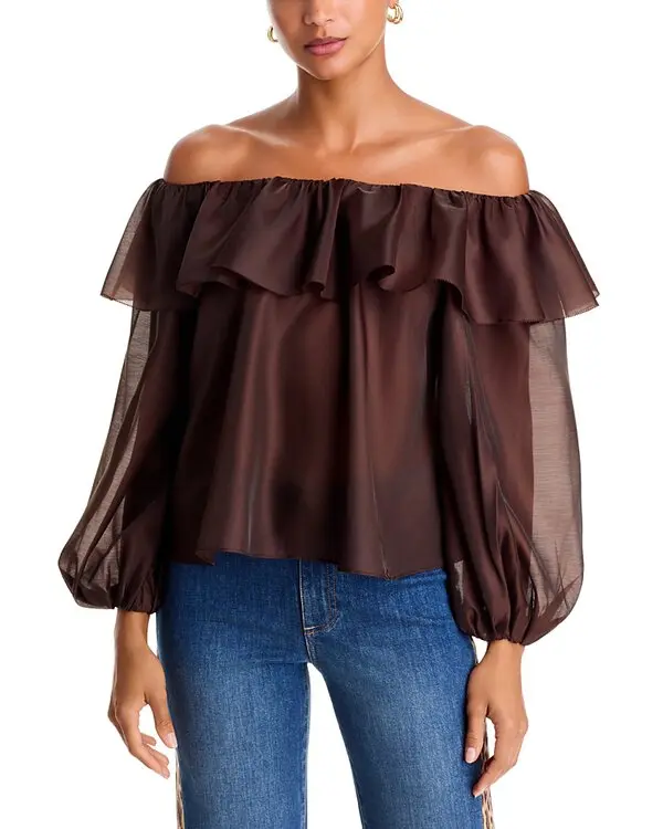 Alice + Olivia Alta Off-the-shoulder Ruffled Top - Dark Chocolate