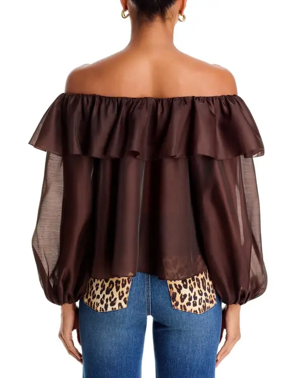 Alice + Olivia Alta Off-the-shoulder Ruffled Top - Dark Chocolate