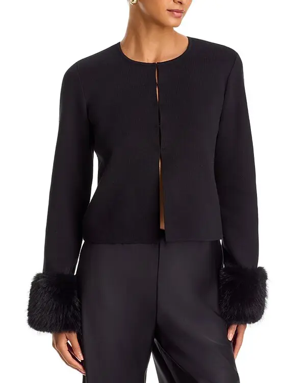 Aqua Faux Fur Trim Knit Cardigan Exclusive - Black