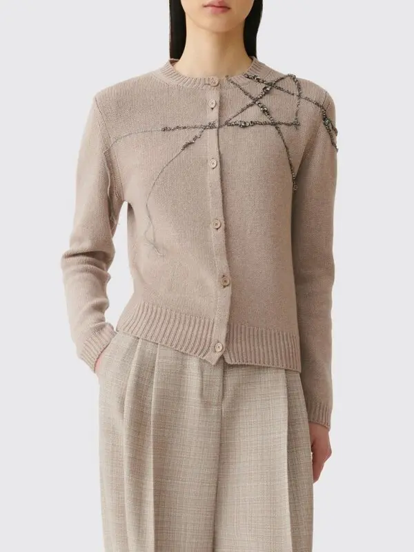 Fabiana Filippi Cashmere And Silk Cardigan With Crystal Embroidery - Coffee