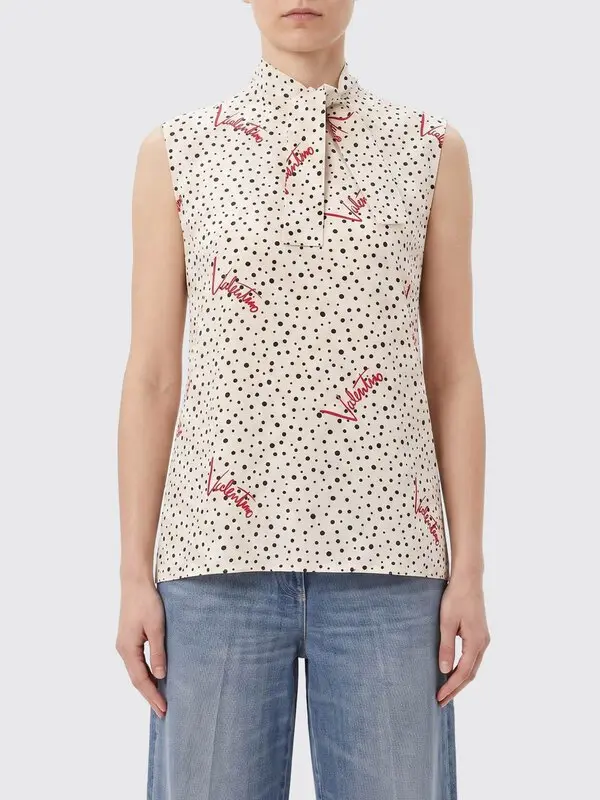 Valentino Garavani Polka Dot Sleeveless Top In Crêpe De Chine With Pussy-bow - Cream