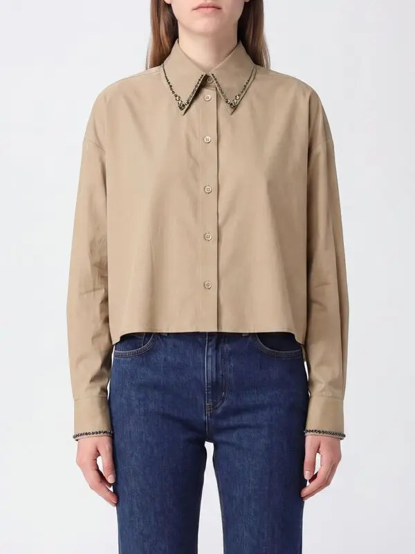 Fabiana Filippi Long-sleeved Cotton Shirt With A Jewelled Collar And Rhinestones - Coffee