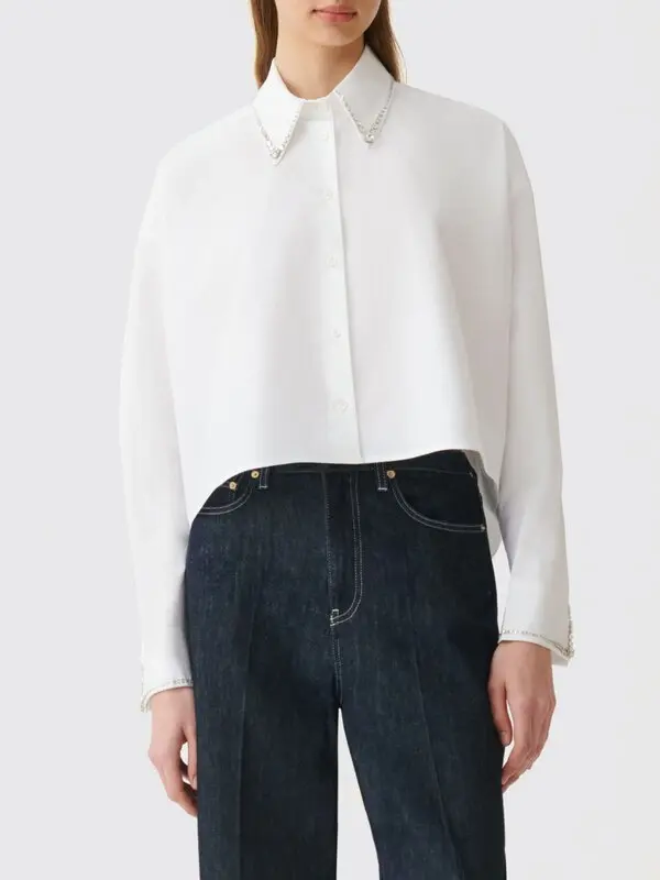 Fabiana Filippi Long-sleeved Cotton Shirt With A Jewelled Collar And Rhinestones - White
