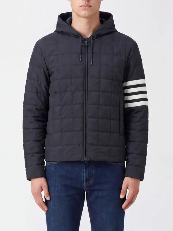 Thom Browne Ripstop Nylon Down Jacket With Hood And Iconic 4-bar Stripe - Blue