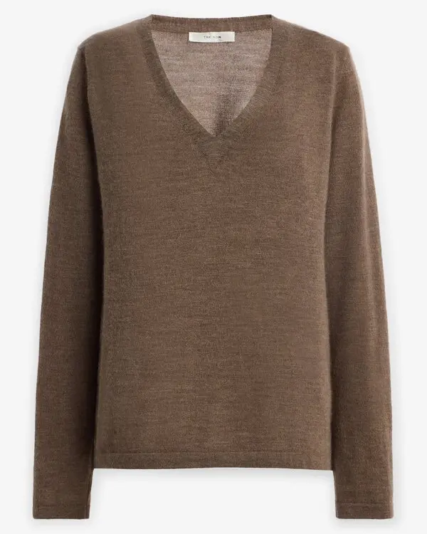 THE ROW Poesis Taupe Cashmere V-neck Sweater