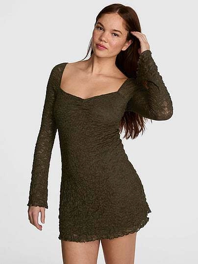 Pink Lace Square-neck Long-sleeve Mini Dress - Green